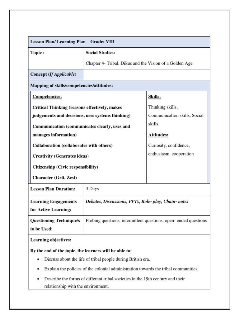 History Class 8 Chapter 4 Lesson Plan | PDF | Lesson Plan | Critical ...