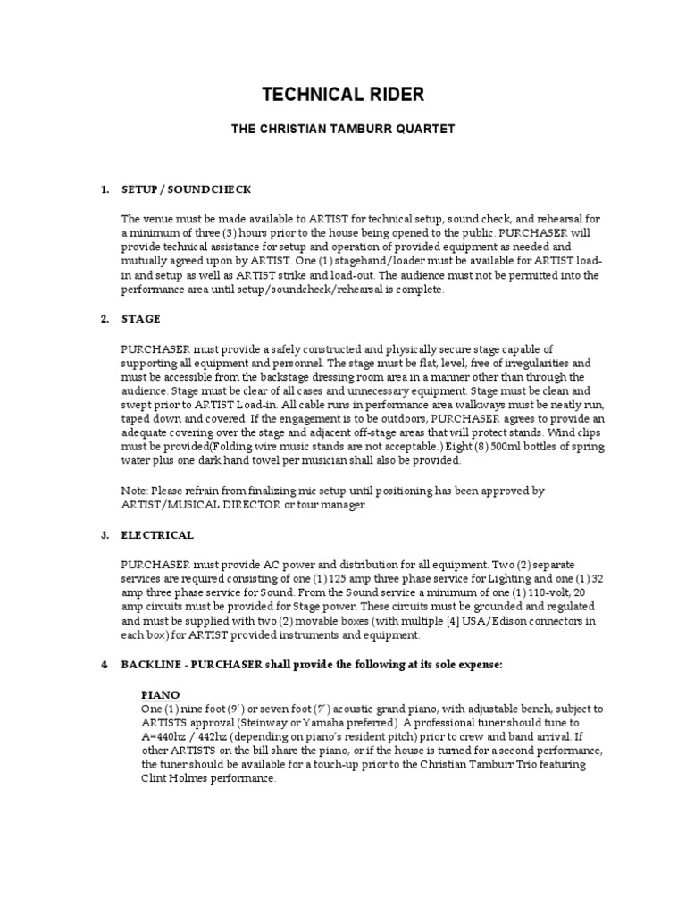 Technical Rider CT Quartet 2016 | PDF | Drum Kit | Piano