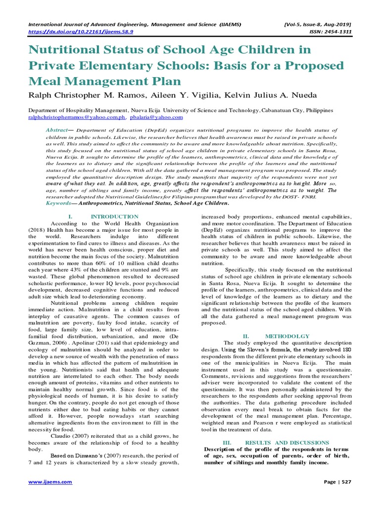 Nutritional Status of School Age Children in Private Elementary Schools ...