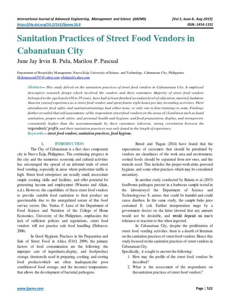 Sanitation Practices of Street Food Vendors in Cabanatuan City | PDF ...