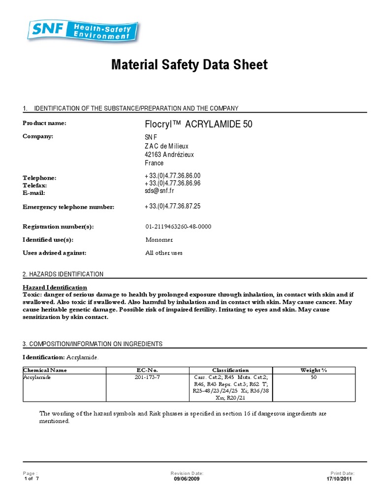 Material Safety Data Sheet: Flocryl™ ACRYLAMIDE 50 | PDF | Personal ...