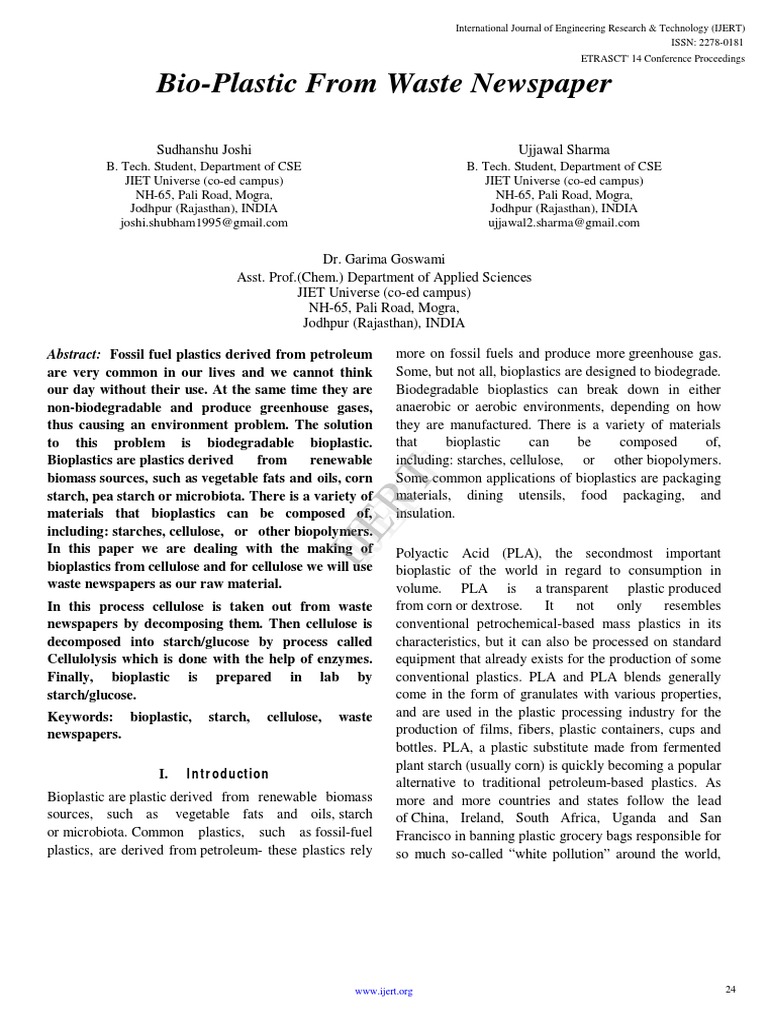 Bio Plastic From Waste Newspaper IJERTCONV2IS03037 | PDF | Cellulose ...