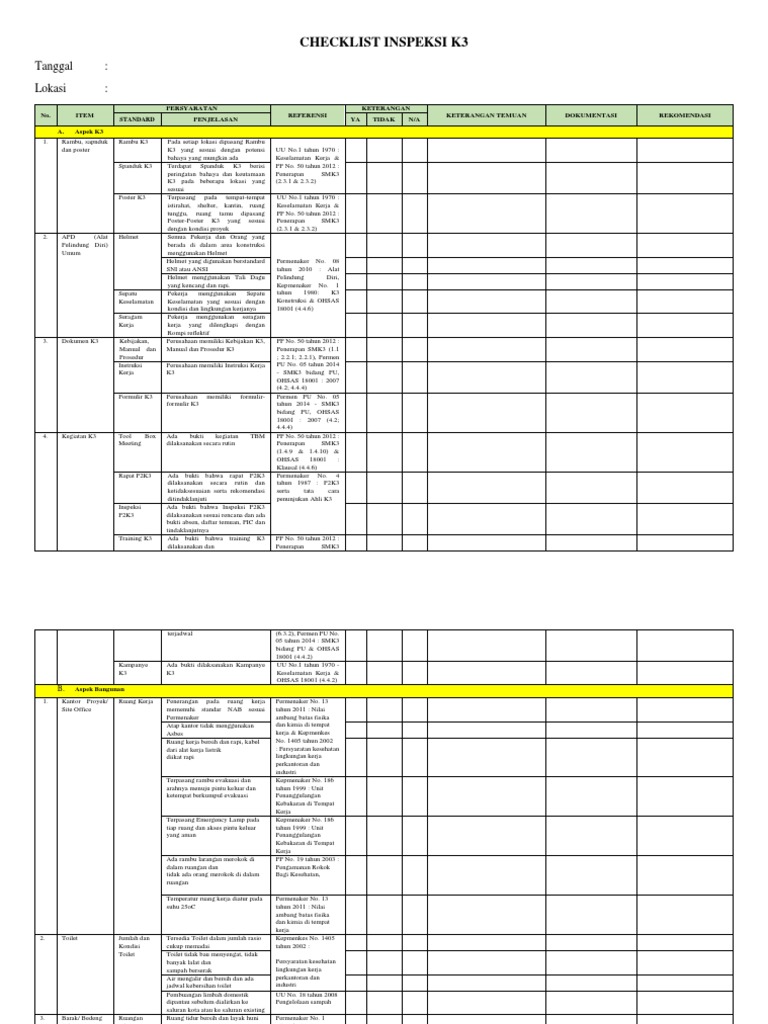 Checklist Inspeksi K3 | PDF
