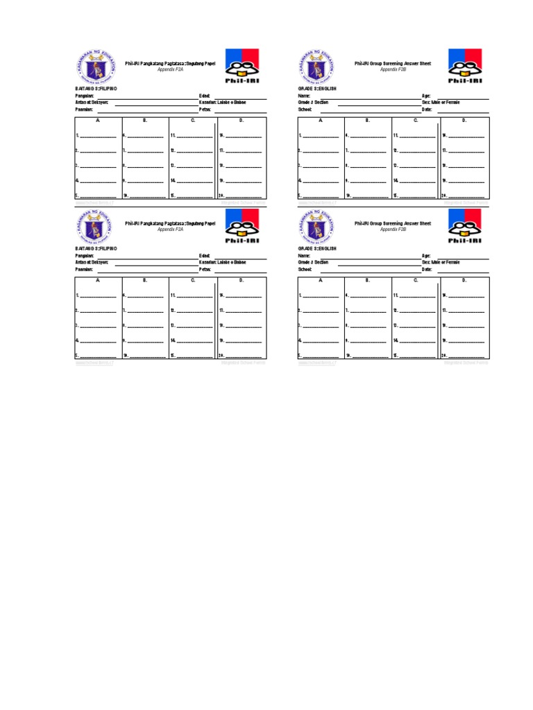 Phil-IRI Answer Sheet Grade 3 (English - and - Filipino) | PDF