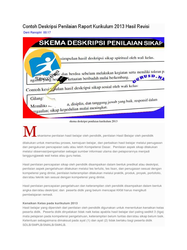 Contoh Deskripsi Penilaian Raport Kurikulum 2013 Hasil Revisi | PDF