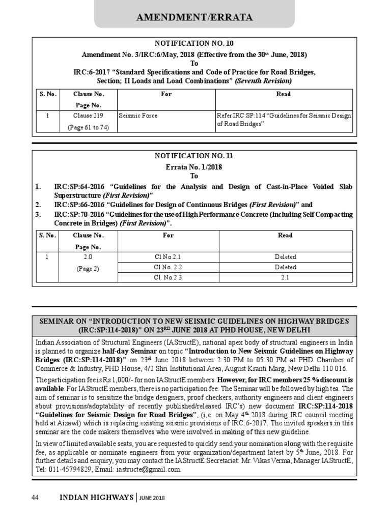IRC:6-2017 Amendment and Seminar Notice | PDF | Technology & Engineering