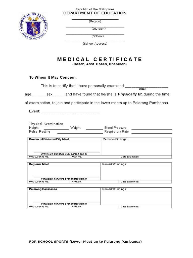 Medical Certificate: Department of Education | PDF