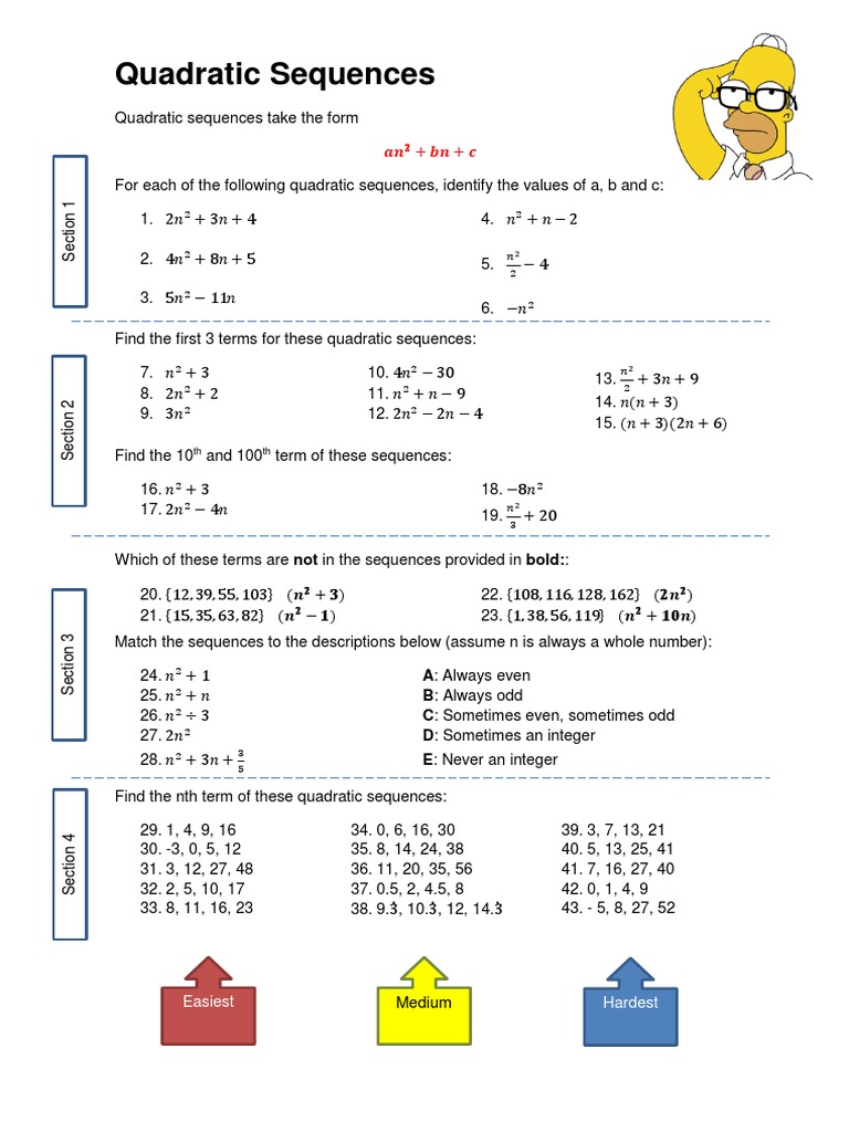 Quadratic Sequences: Hardest Easiest | PDF | Sequence | Mathematical ...
