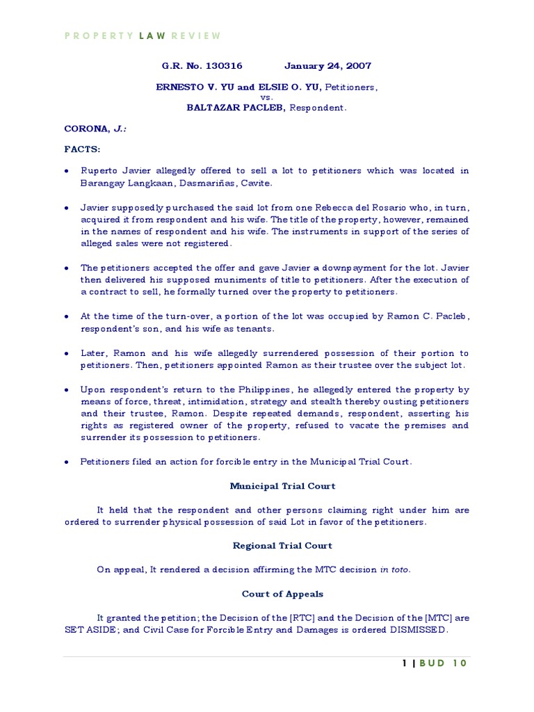 YU Vs PACLEB Forcible Entry Prior Possession | PDF | Ownership | Property