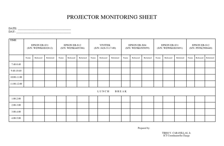 Projector Monitoring Sheet | PDF