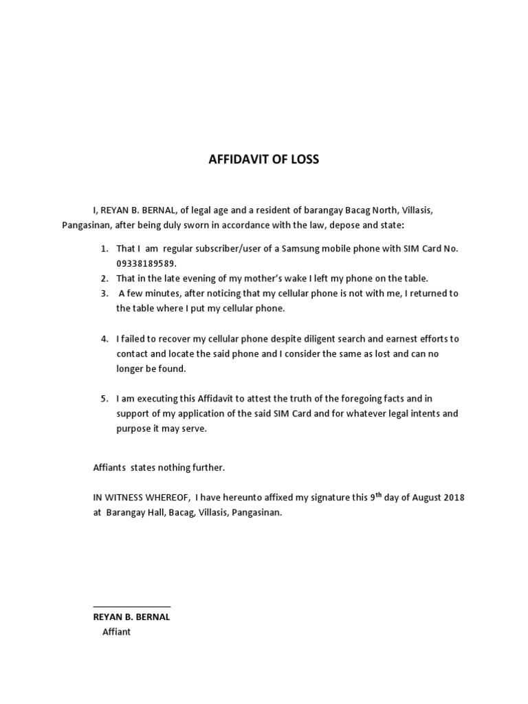 AFFIDAVIT OF LOSS Mobile Phone | PDF
