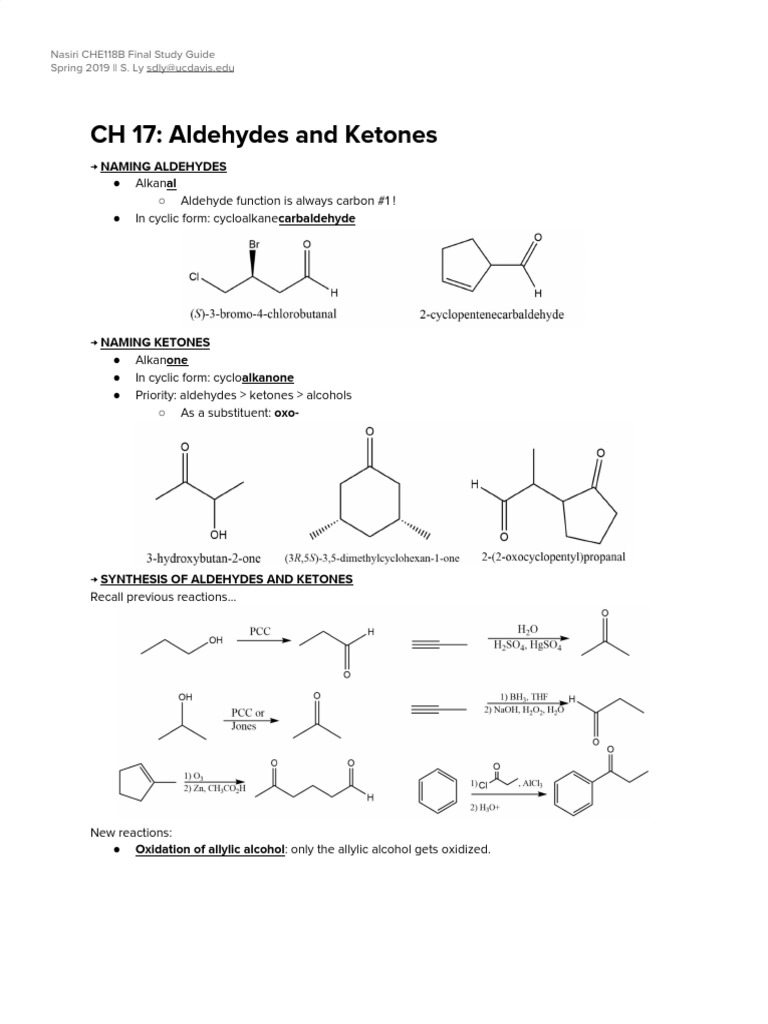 CH 17: Aldehydes and Ketones: Nasiri CHE118B Final Study Guide Spring ...