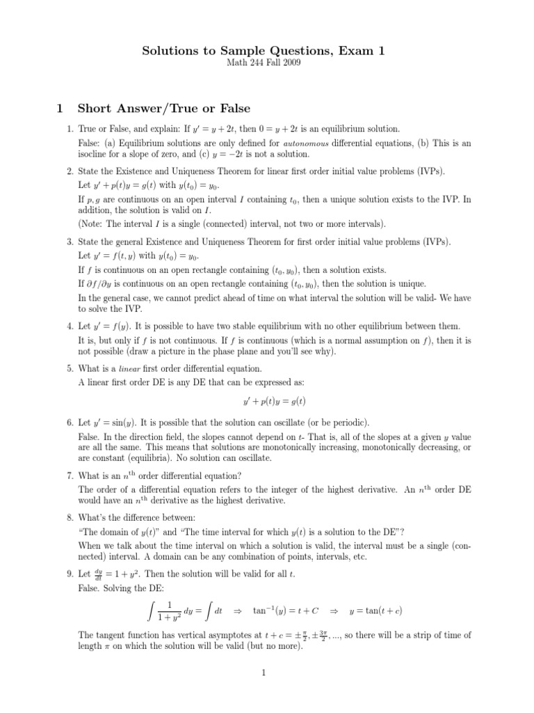 Solutions To Sample Questions, Exam 1 | PDF | Derivative | Equations