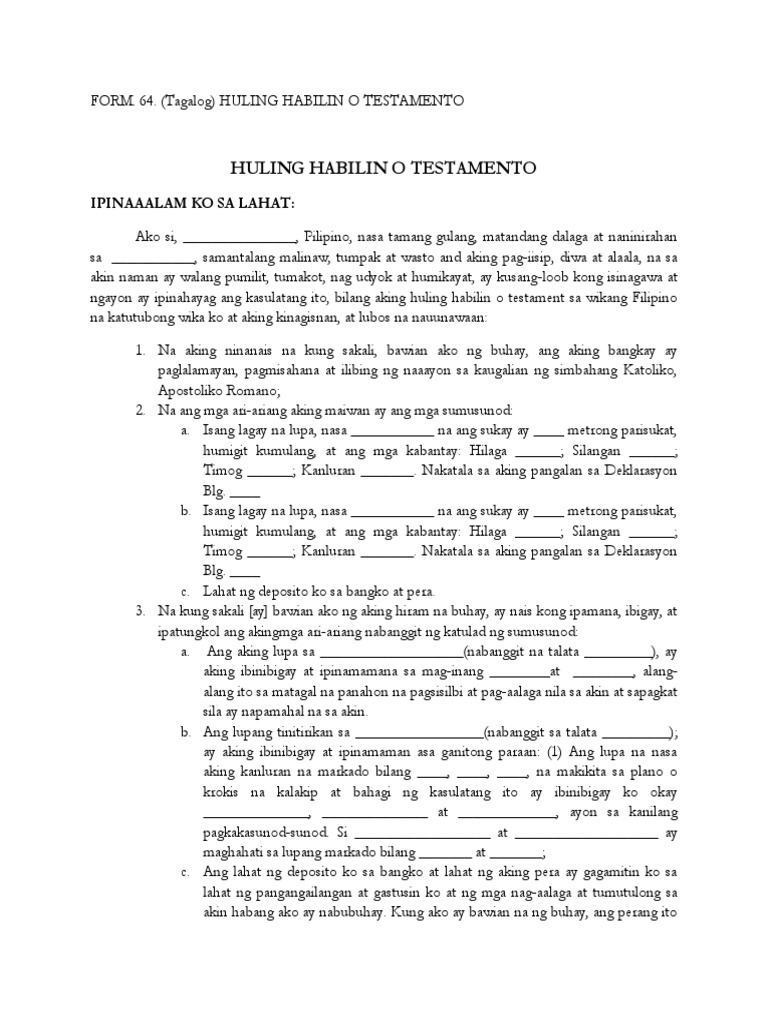 Form No. 64. (Tagalog) Huling Habilin o Testamento | PDF