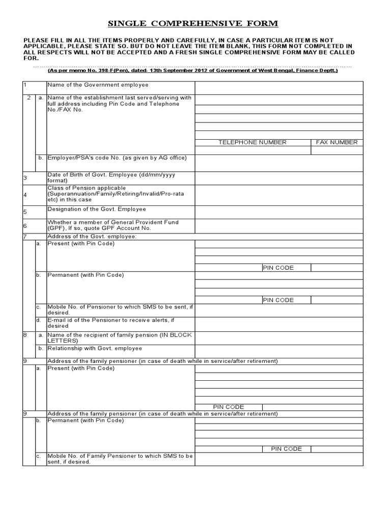 SINGLE COMPREHENSIVE FORM For Pension Preparation of State Governemnt ...