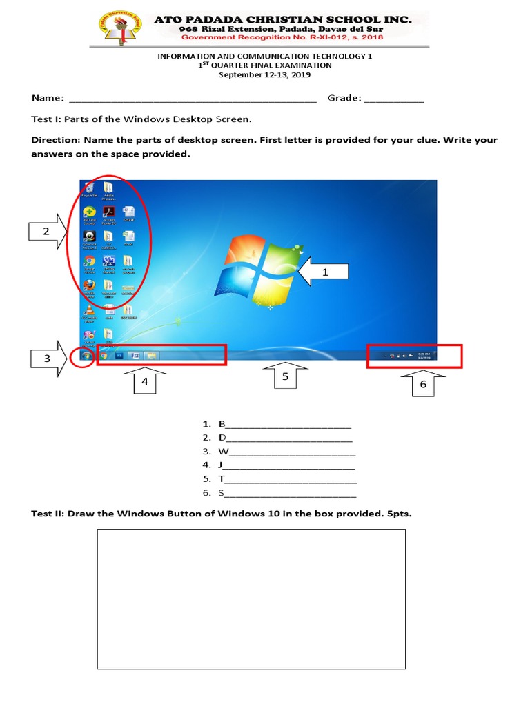 Direction: Name The Parts of Desktop Screen. First Letter Is Provided ...
