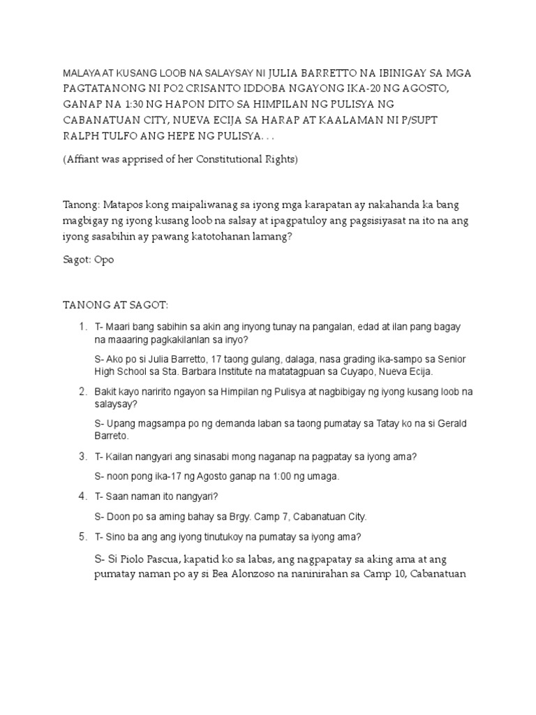 Malaya at Kusang Loob Na Salaysay Ni Julia Barretto Na Ibinigay Sa Mga ...