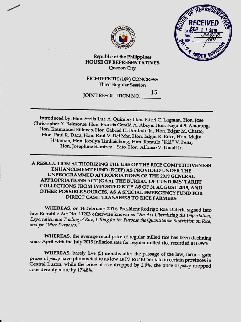 Joint Resolution No 15 On The Use of Rice Competitiveness Enhancement ...