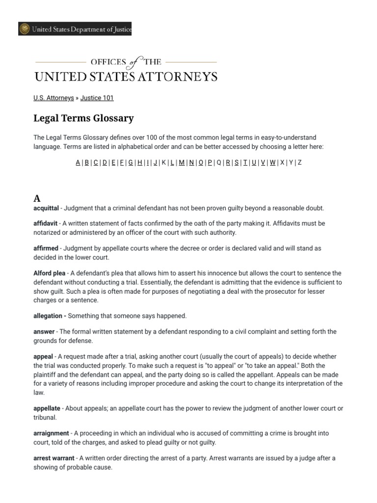 Legal Terms Glossary - USAO - Department of Justice | PDF | Plea | Lawsuit