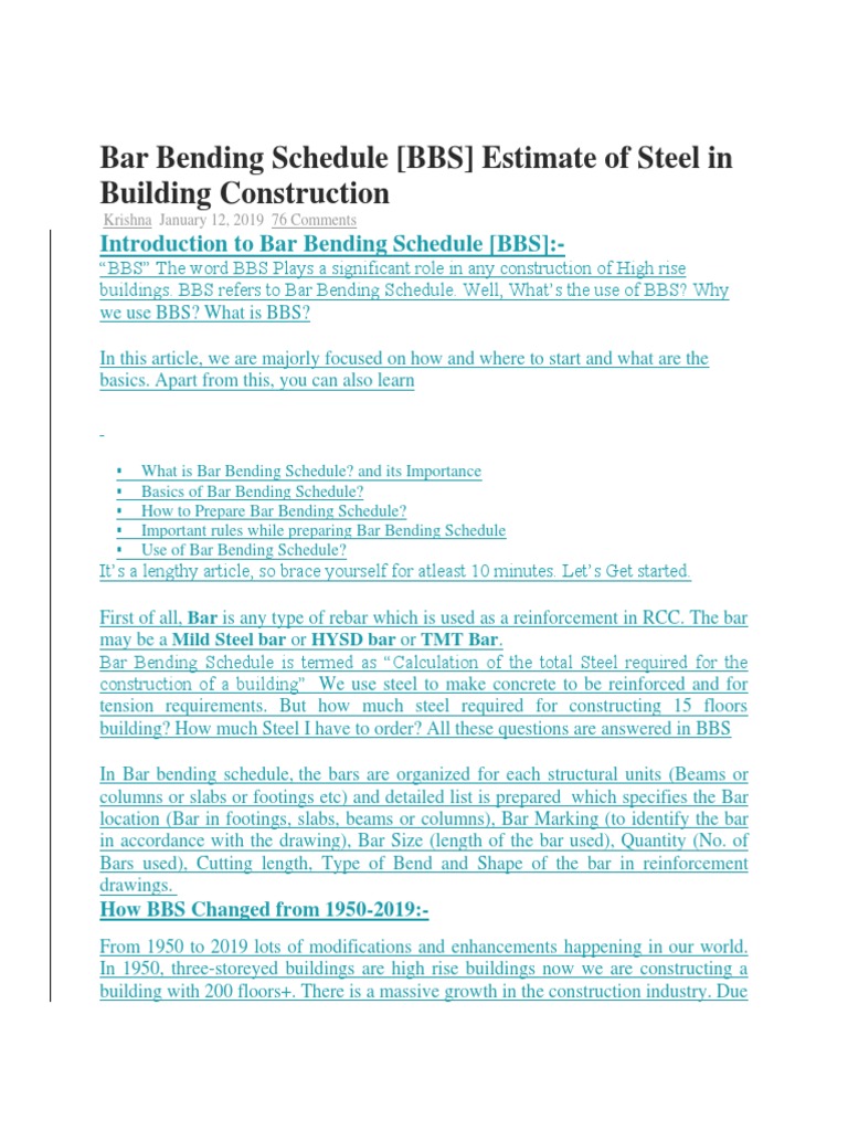 Bar Bending Schedule (BBS) Estimate of Steel in Building Construction ...