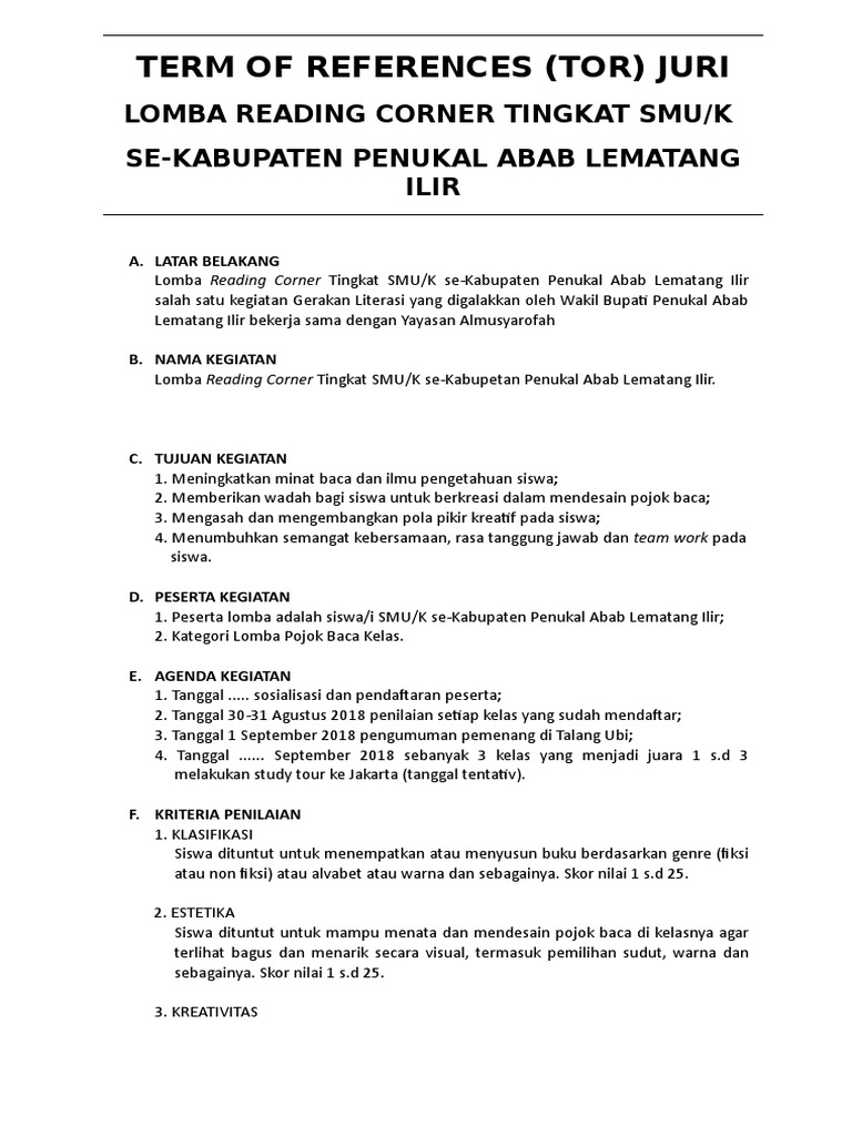 TOR - Lomba Reading Corner | PDF