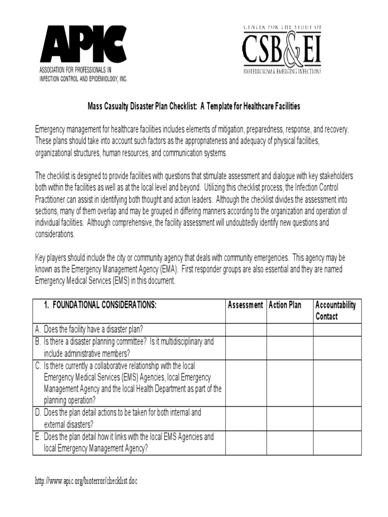 Mass Casualty Disaster Plan Checklist: A Template For Healthcare ...