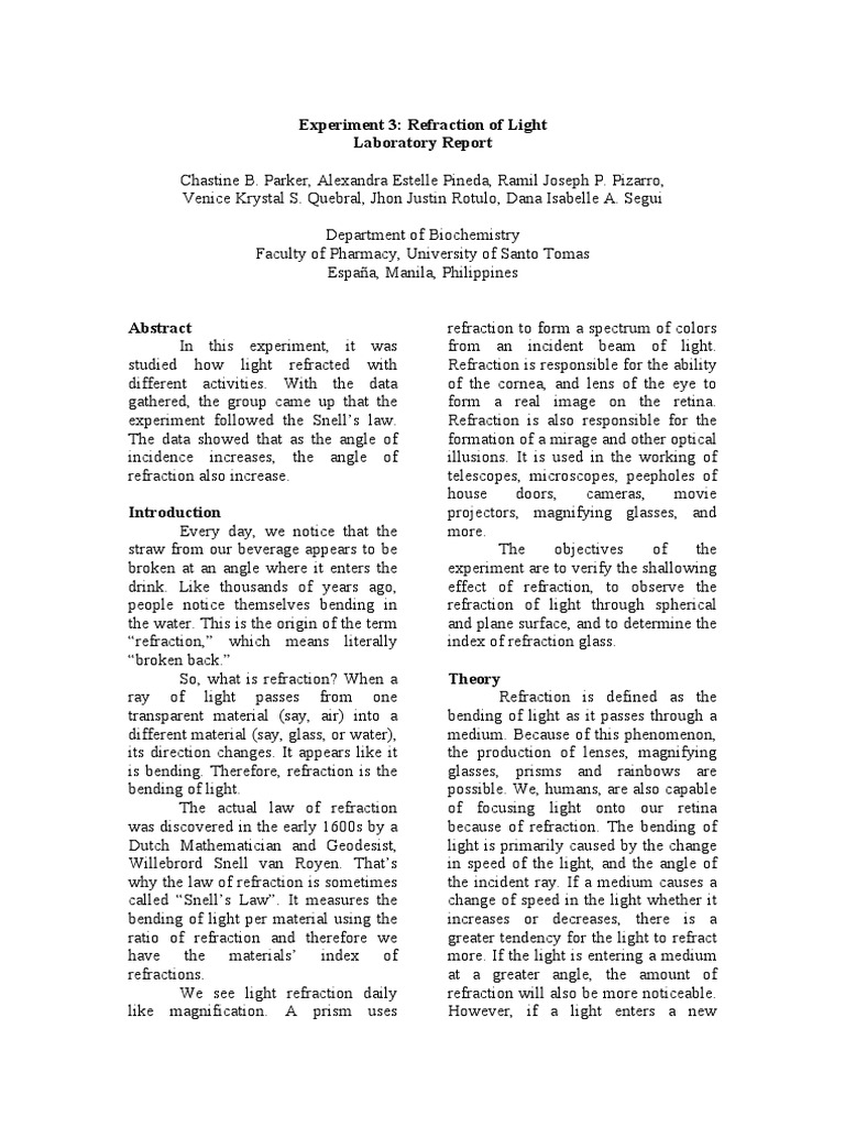 Experiment 3: Refraction of Light Laboratory Report | PDF | Refraction ...