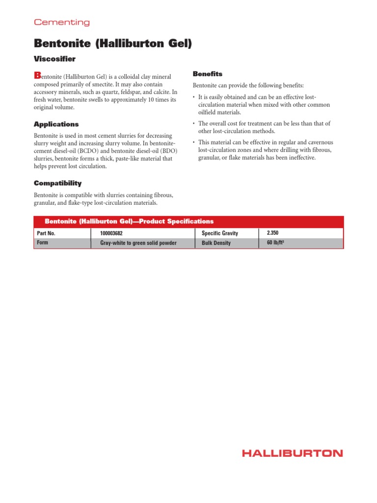 Bentonite (Halliburton Gel) : Cementing | PDF