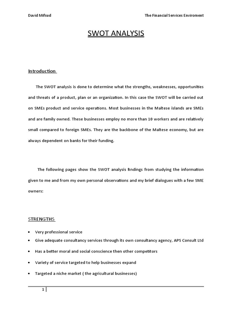 Swot Analysis: David Mifsud The Financial Services Enviroment | PDF ...