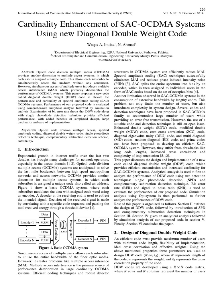Cardinality Enhancement of SAC-OCDMA Systems Using New Diagonal Double Weight Code | PDF ...