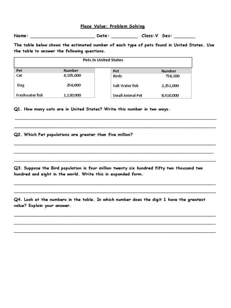 Place Value: Problem Solving Name: - Date: - Class:V Sec | Download ...