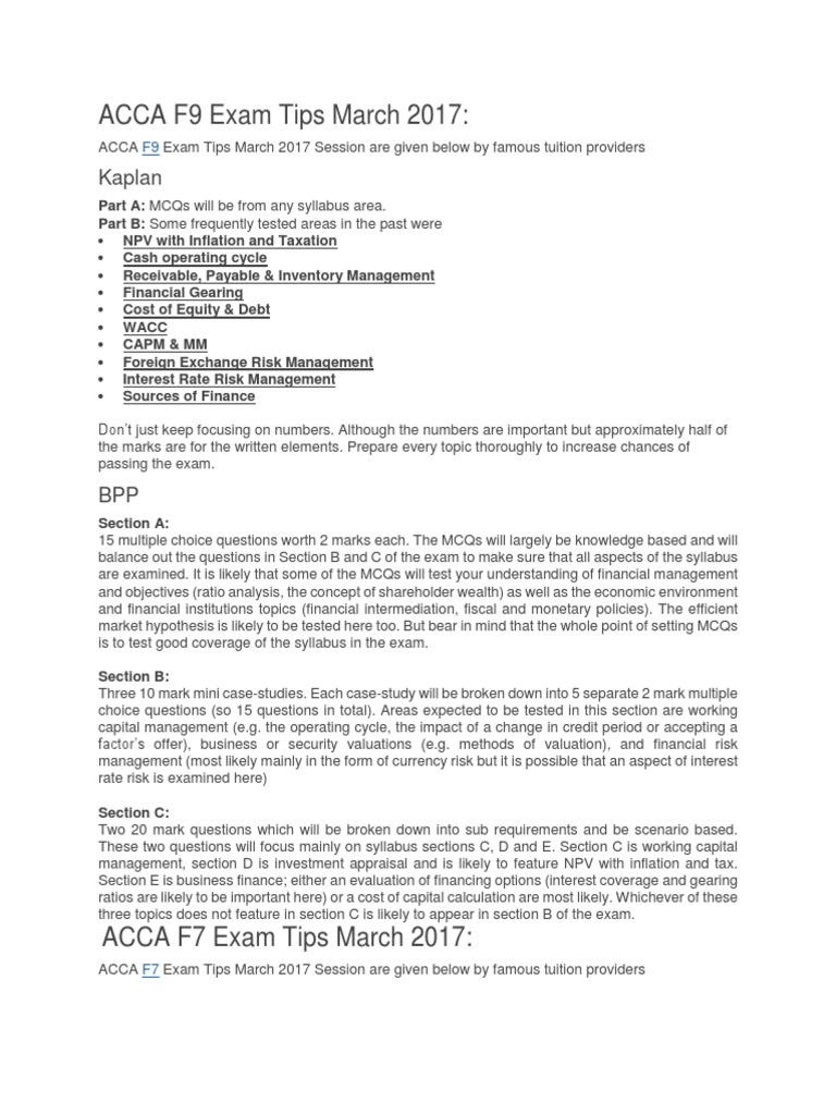 Acca F9 F7 F5 Exam Tips March 2017 Pdf Test Assessment