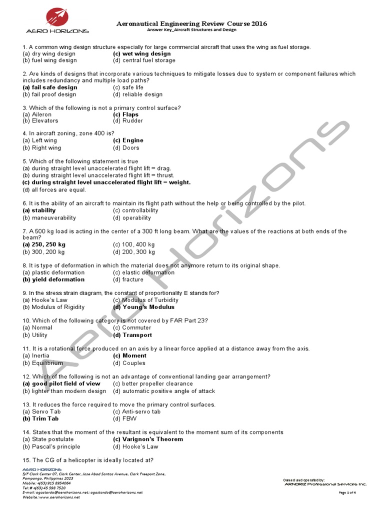 Aeronautical Engineering Review Course 201 6: Answer Key - Aircraft ...