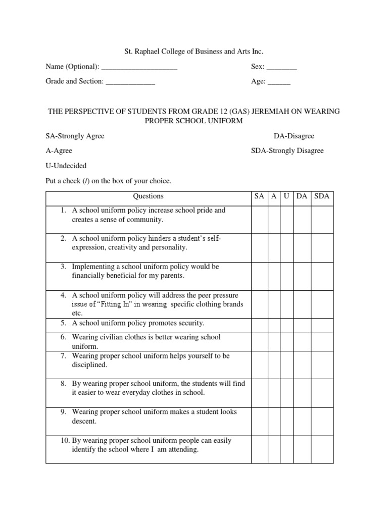Questionaire About School Uniform | PDF
