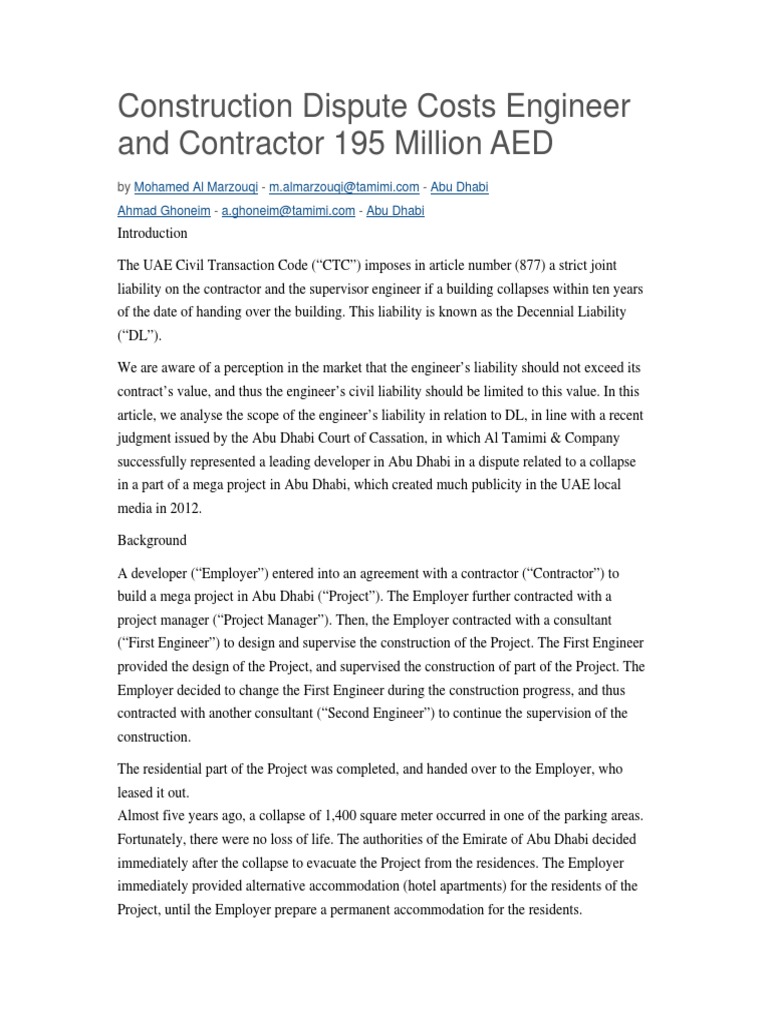 Decennial Liability Case Law Abu Dhabi | PDF | Damages | Joint And ...