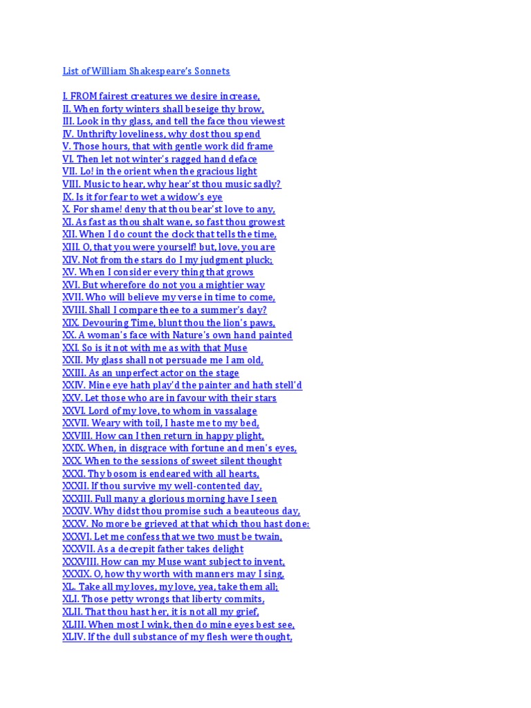 Complete List of Shakespeare's Sonnets | PDF | Poetry