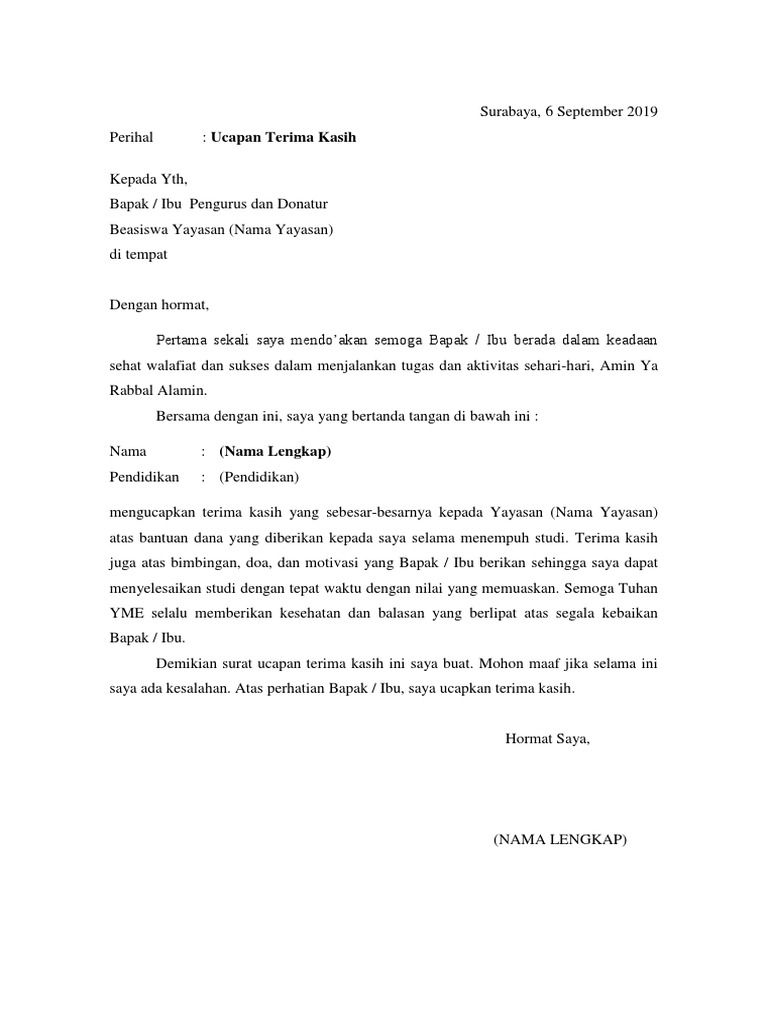 Contoh Surat Ucapan Terima Kasih | PDF