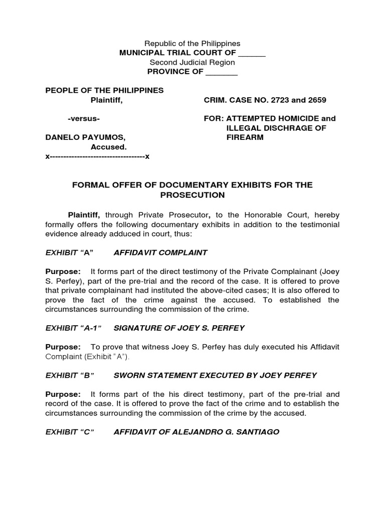 Formal Offer of Documentary Exhibits For The Prosecution: Exhibit "A ...