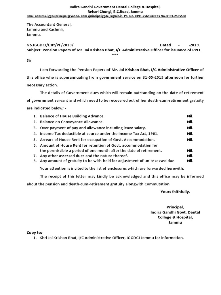 Subject: Pension Papers of Mr. Jai Krishan Bhat, I/C Administrative ...