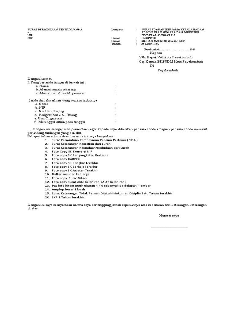 Surat Permintaan Pensiun Janda | PDF