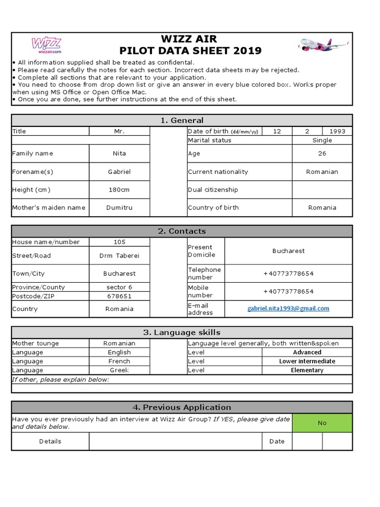 Wizz Air Pilot Data Sheet 2019: Personal and Professional Details of ...