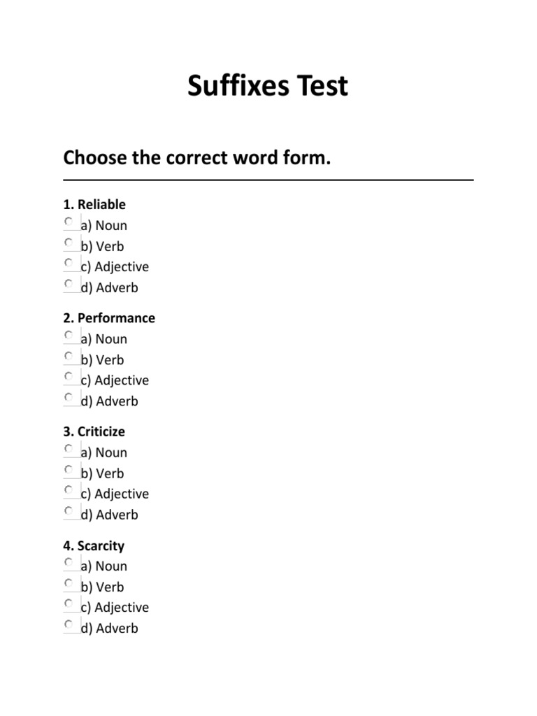 Suffixes Test: Choose The Correct Word Form | PDF