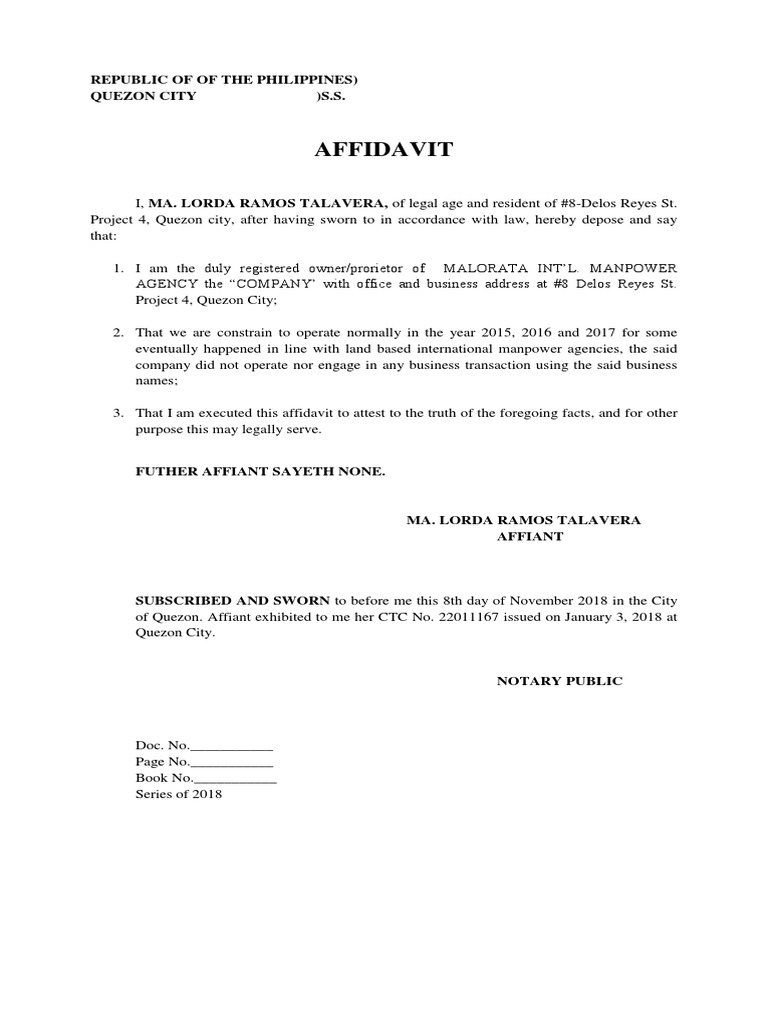 Affidavit: Republic of of The Philippines) Quezon City) S.S | PDF