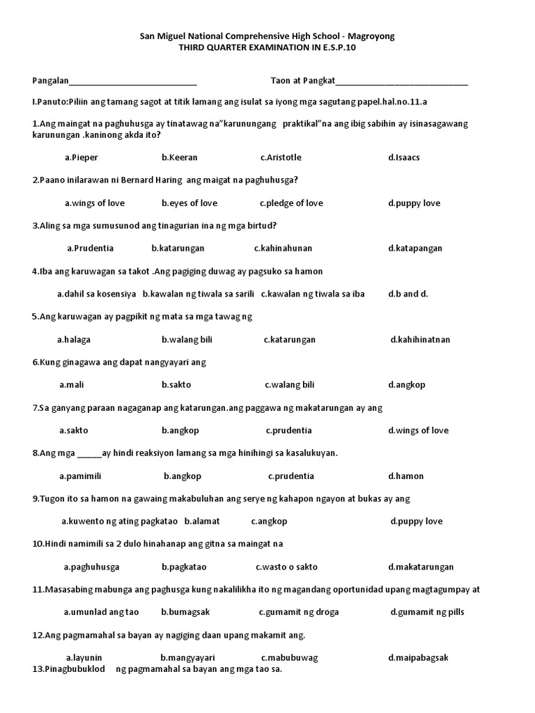 Third Quarter Examination in Esp 10 | PDF
