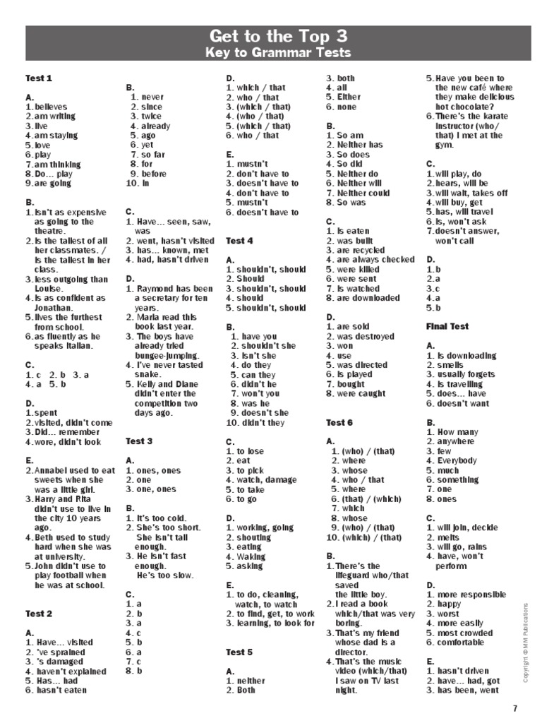 Get To The Top - 3 - Grammar Tests - KEY | PDF