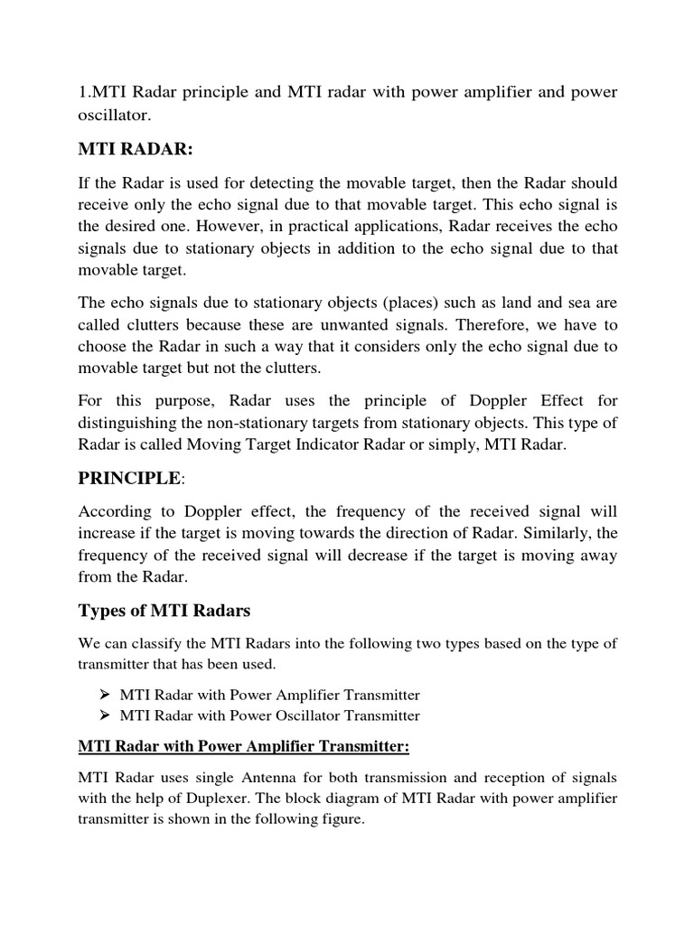 Mti Radar:: 1.MTI Radar Principle and MTI Radar With Power Amplifier ...