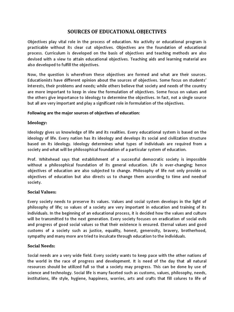 Sources of Educational Objectives | PDF | Curriculum | Ideologies