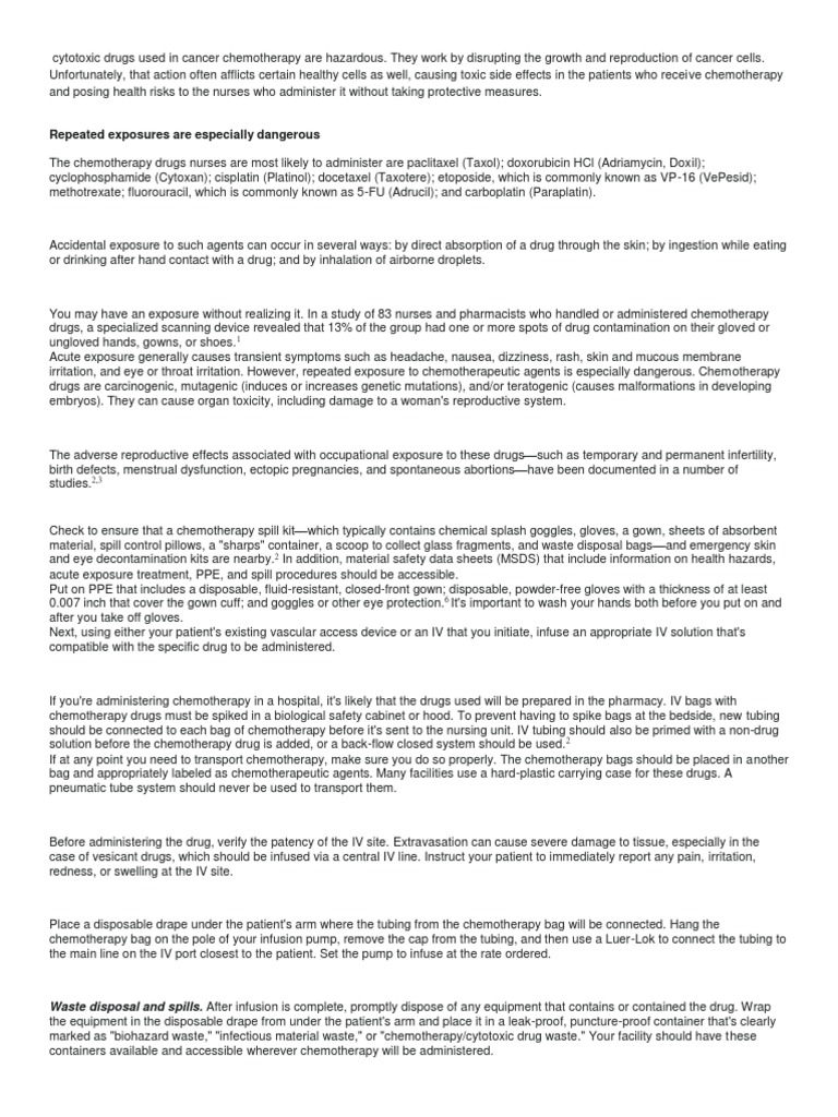 Cytotoxic Drugs Used in Cancer Chemotherapy Are Hazardous | PDF ...