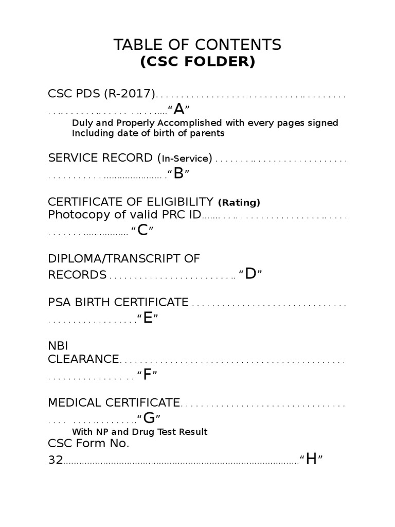 Table of Contents (Applicant) | PDF | Government Information | Document