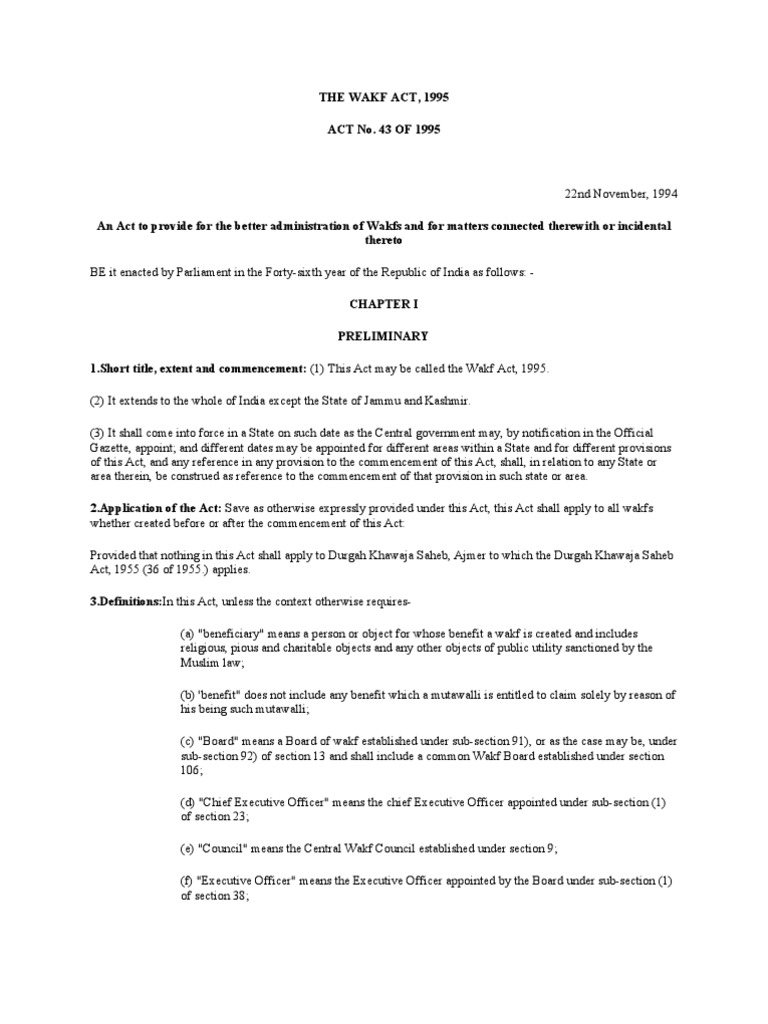 The Wakf Act 1995 | PDF | Government Of India | Member Of Parliament